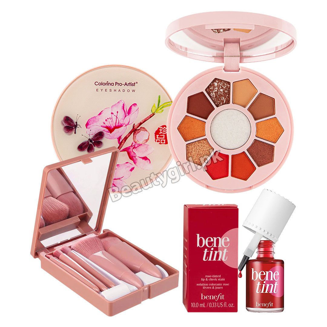 Eyeshadow Palette + 5 Pcs Plastic Box Brush Set + Benefit Benetint Che ...
