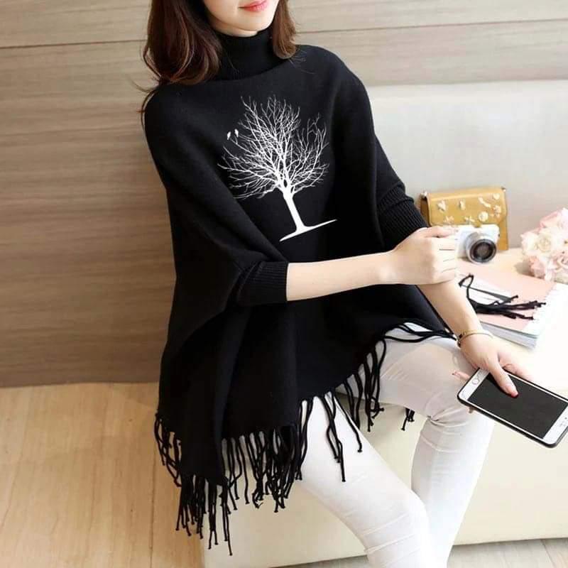 TREE PRINTED PONCHO - BLACK – beautygirl-pk